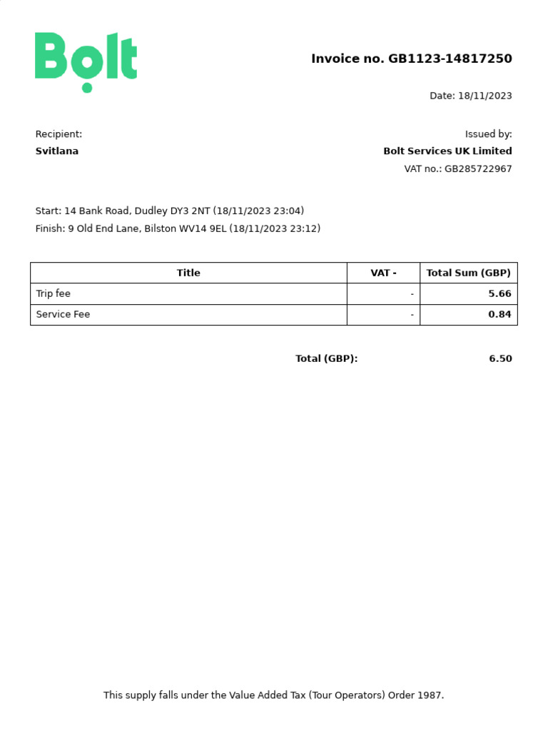 Ride Invoice From Bolt | PDF