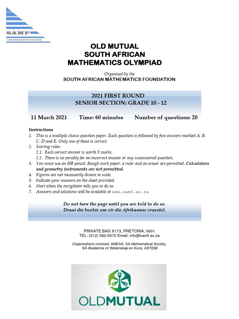 Old Mutual South African Mathematics Olympiad | PDF | Euclid ...