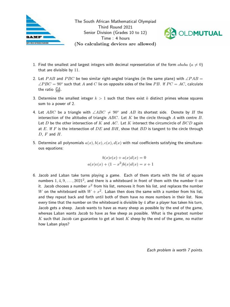 The South African Mathematical Olympiad Third Round 2021 Senior ...