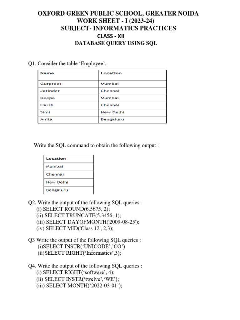 My SQL Class Work Sheet .1 | PDF My SQL Class Work Sheet .1 | PDF