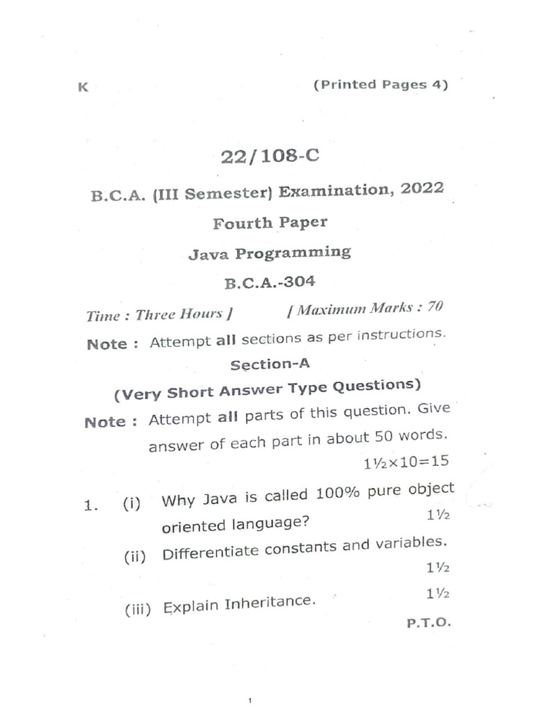Java 2022 Question Paper VBSPU | PDF