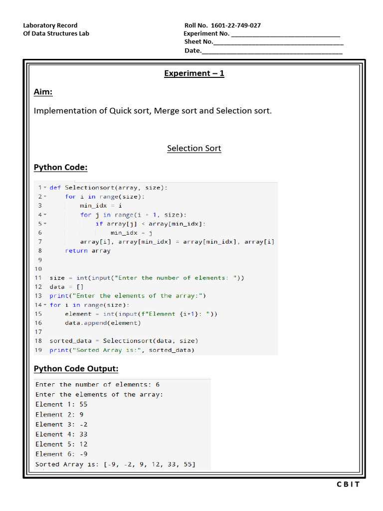 Data Structures CBIT Record 2023 3rd Sem | PDF