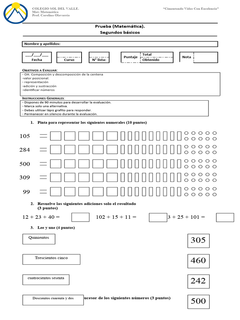 354781946 Prueba Unidad Decena y Centena | PDF | Matemáticas