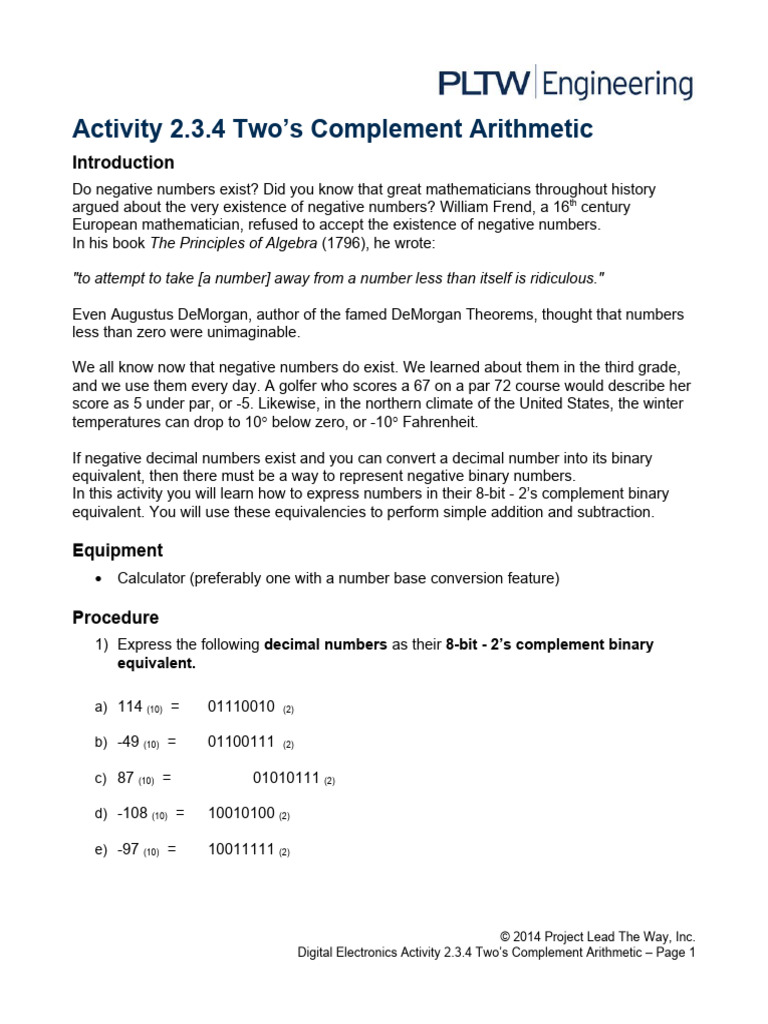 Activity 2.3.4 Two's Complement Arithmetic | PDF | Numbers | Mathematics