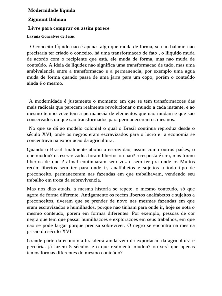 Modernidade Liquida e o Brasil Colonial 2 | PDF