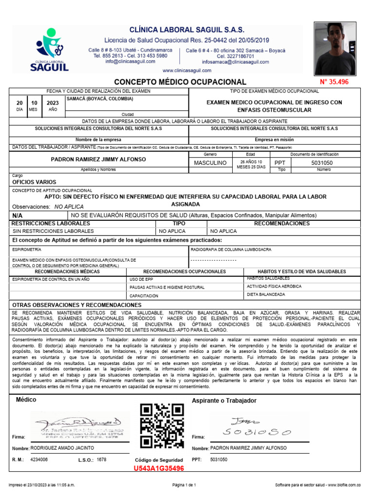 Padron Ramirez Jimmy Alfonso Concepto Médico Ocupacional | PDF ...