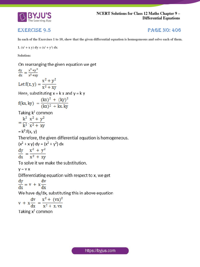 NCERT Solutions For Class 12 Maths Chapter 9 - Differential Equations Exercise 9.5 | PDF ...