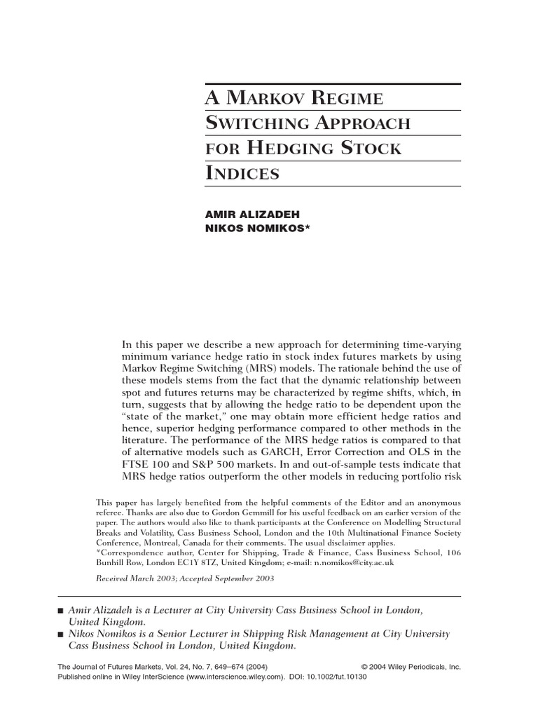 A Markov Regime Switching Approach For Hedging Stock Indices Pdf