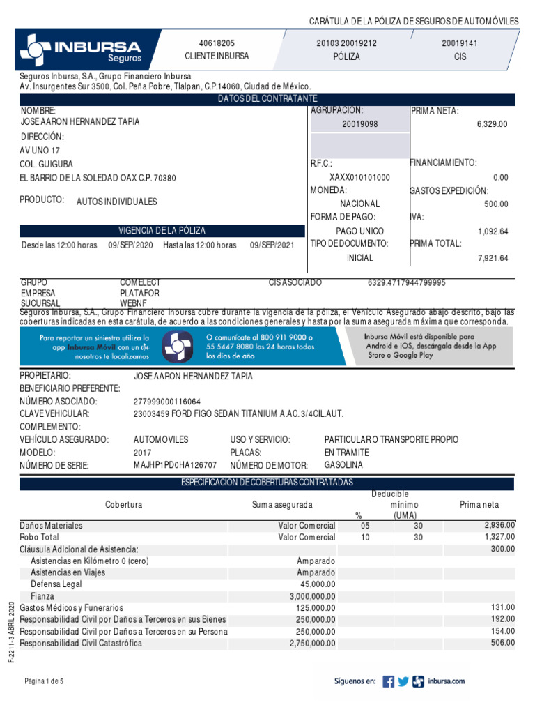 Caratula 20103 20019212 | PDF | Póliza de seguros | Seguro