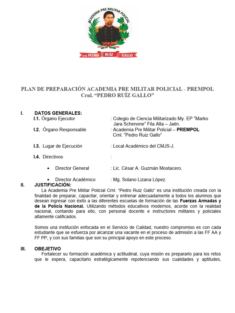 Plan de Preparación Academia Pre Militar Policial CRL Pedro Ruiz Gallo - Jaén 2023. | PDF ...
