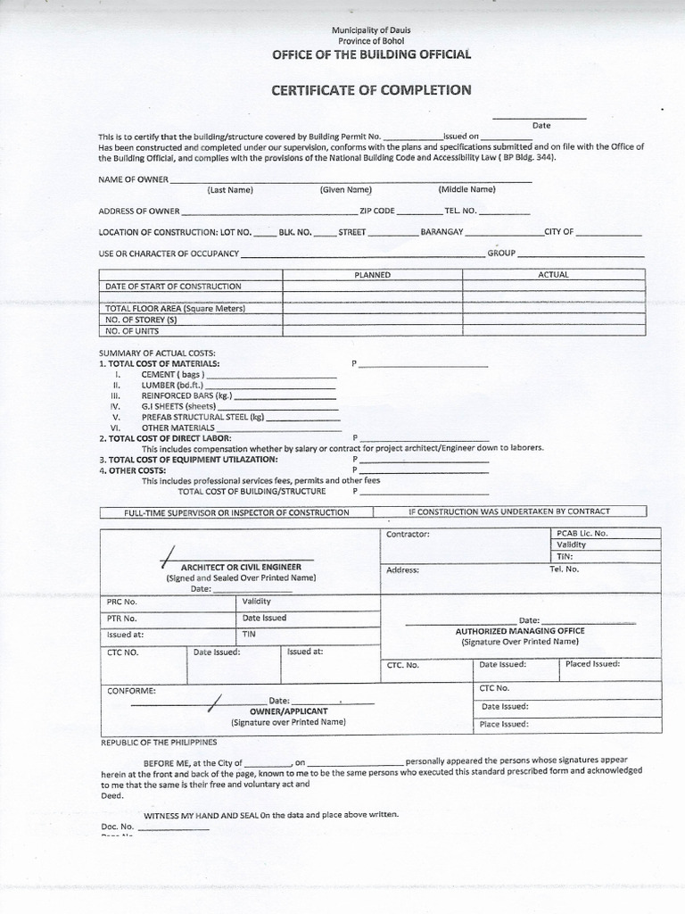 Certificate of Completion Form (Civil Engineer) | PDF