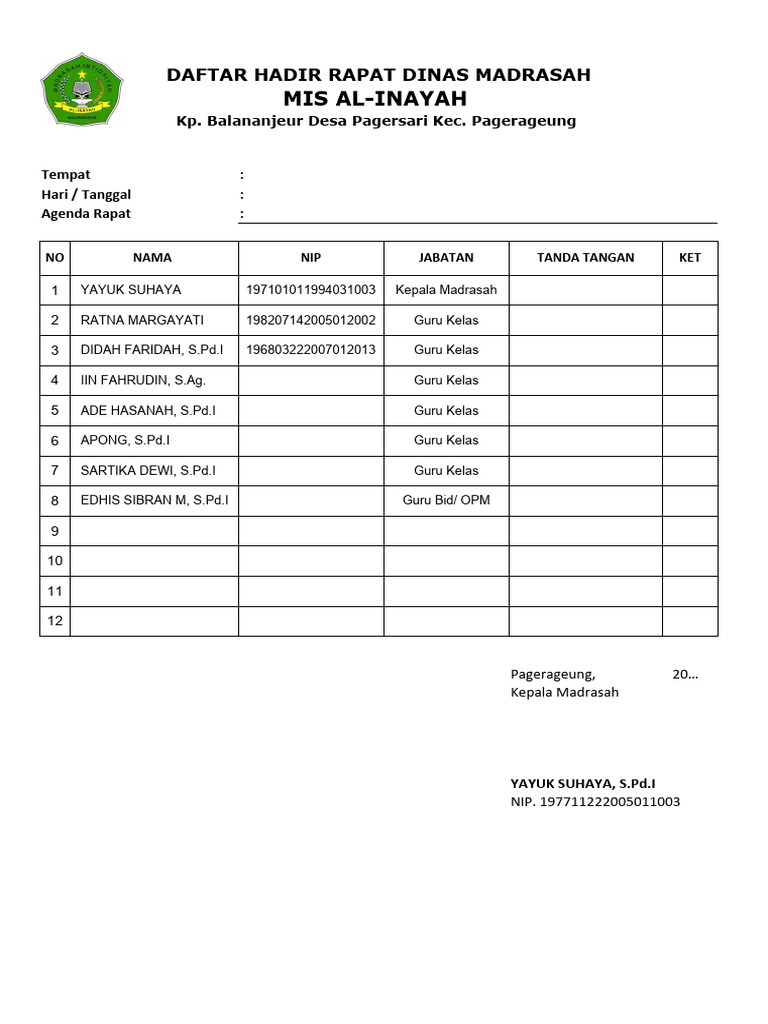 Absen Rapat Dinas Madrasah | PDF
