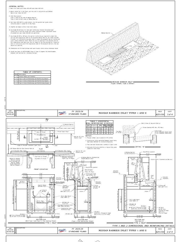 General Notes:: of 4 1 425-030 Median Barrier Inlet Types 1 and 2 | PDF ...