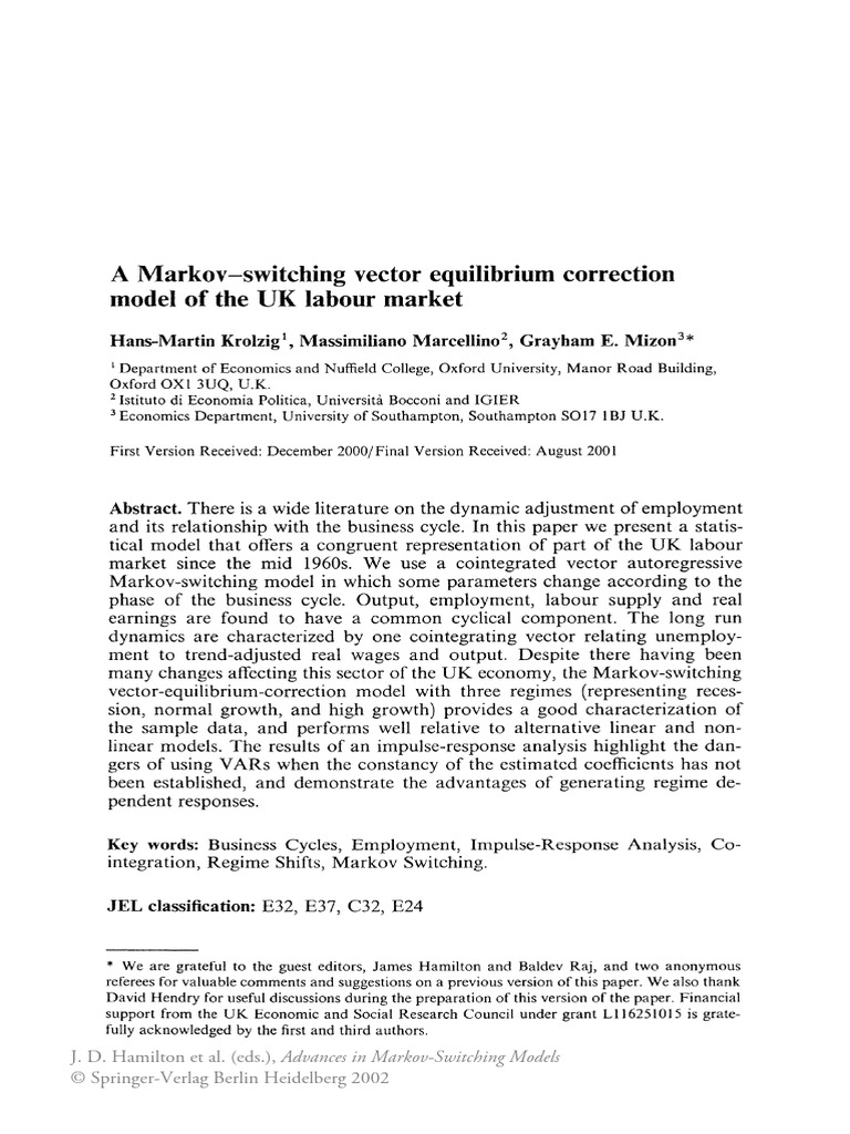 A Markov Switching Vector Equilibrium Correction Model Of The Uk Labour Market Pdf Vector