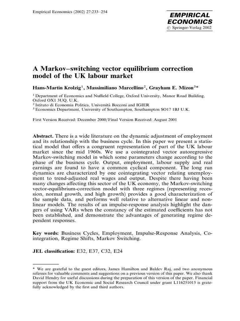 A Markov Switching Vector Equilibrium Correction Model Of The Uk Labour Market Pdf Vector