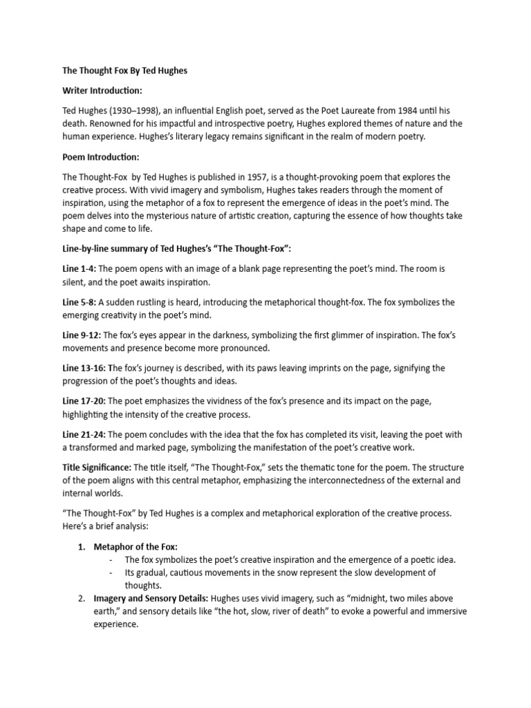 Thought Fox by Ted Hughes Analysis | PDF