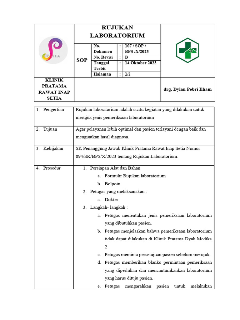 Sop Rujukan Laboratorium | PDF