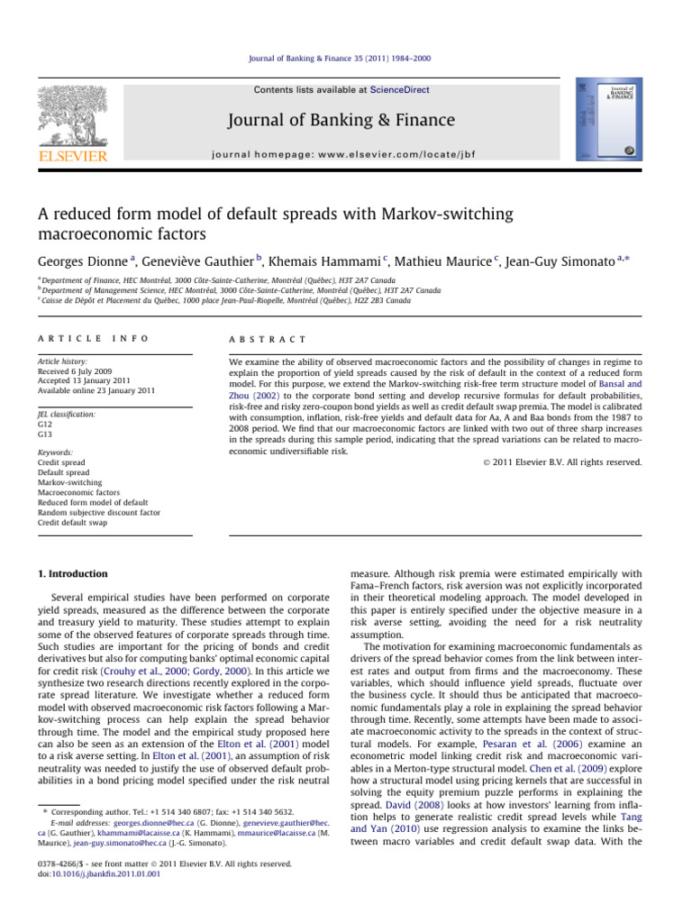 A Reduced Form Model of Default Spreads With Markov-Switching Macroeconomic Factors | PDF