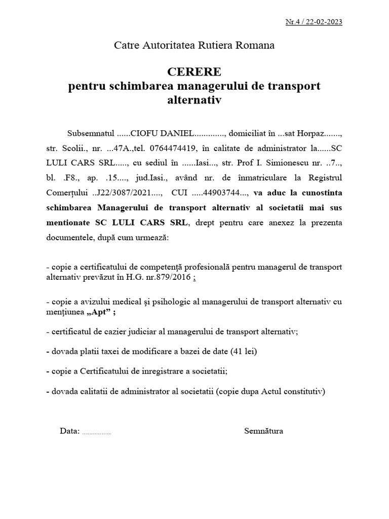 Cerere PT Schimbare Manager Transp Alternativ | PDF
