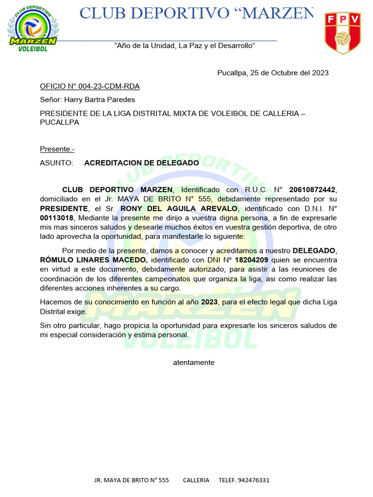 Carta Presentacion de Delegado | PDF Carta Presentacion de Delegado | PDF