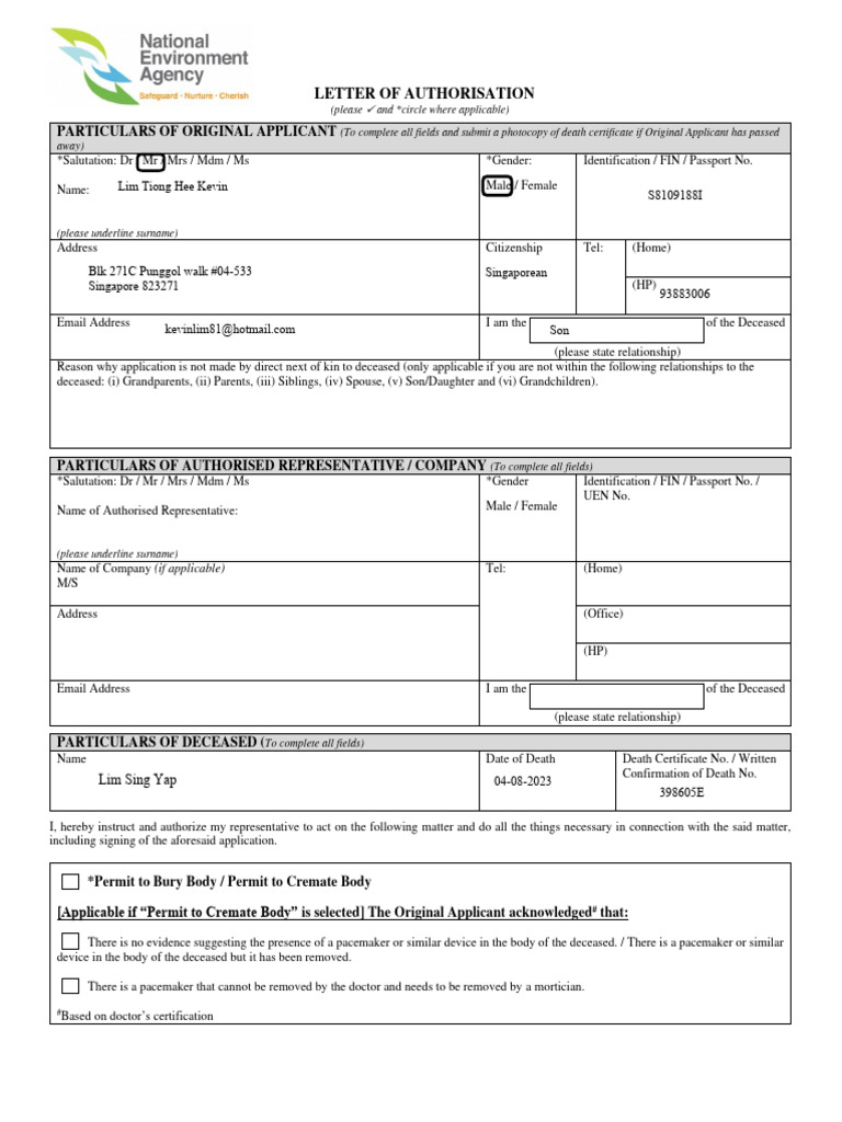 Letter of Authorisation v9 26052022 | PDF | Cremation | Burial