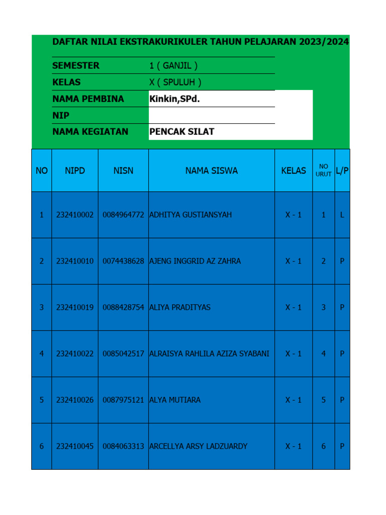 Nilai Ekstra K Silat X Sem 1 2324 | PDF