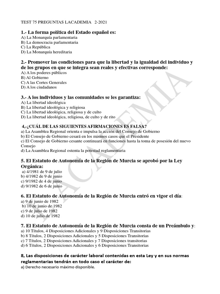 Test 75 Preguntas L Academia 02 21 | PDF | Comisión Europea | Legislador