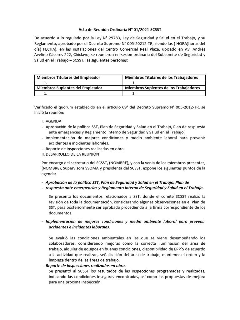 Acta de Reunión Ordinaria N001-21 | PDF