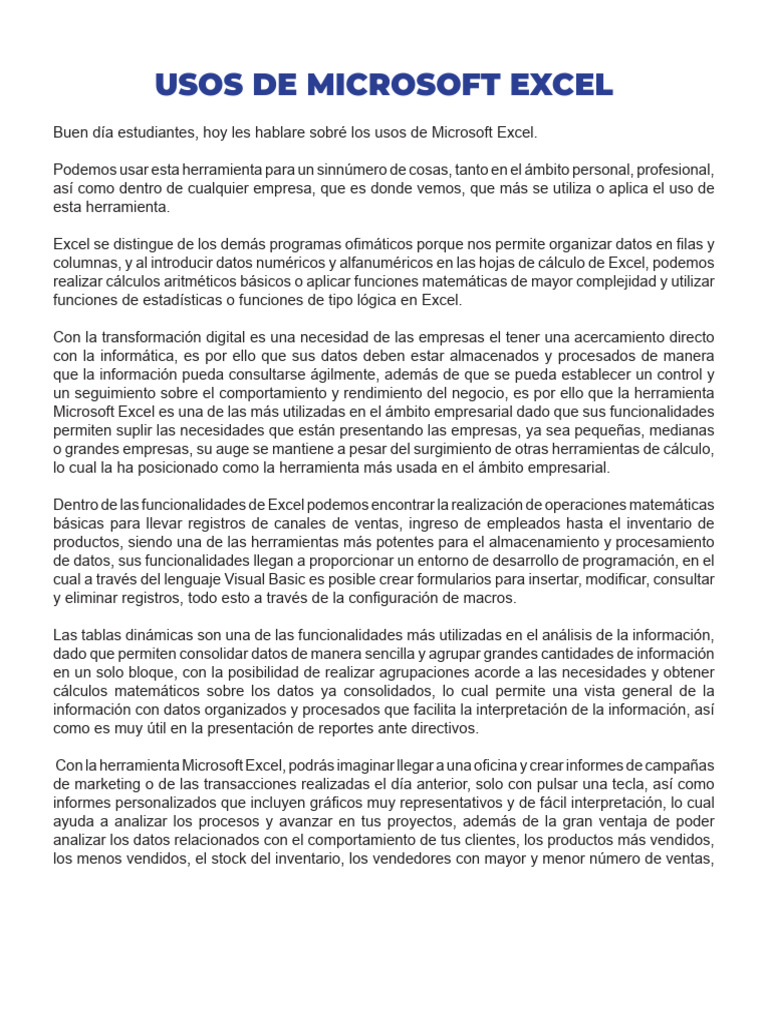 Usos de Microsoft Excel | PDF | Microsoft Excel | Microsoft