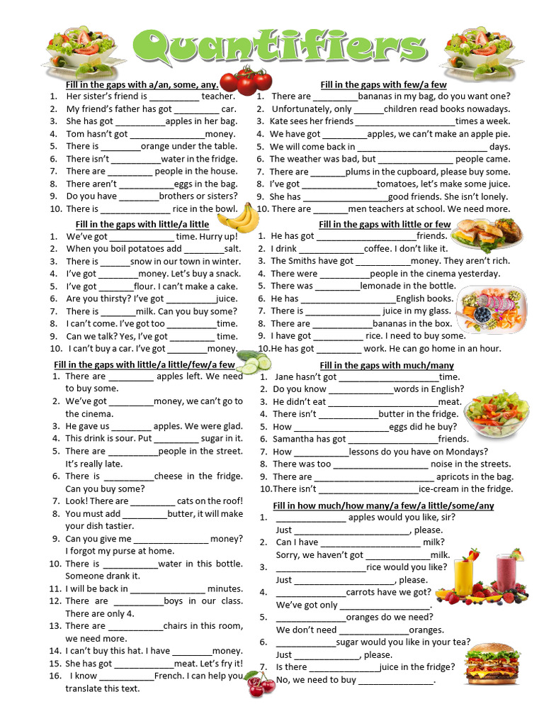 Quantifiers Grammar Drills - 106626 | PDF | Cuisine | Foods