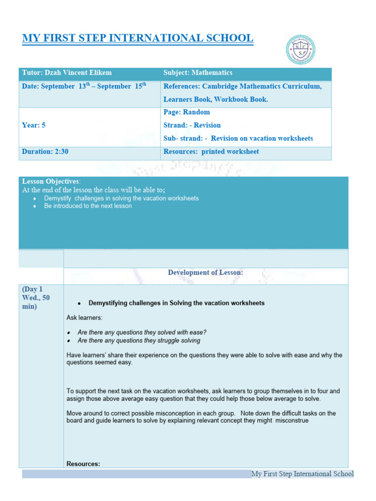Grade 5 Lesson, Week-1 | PDF
