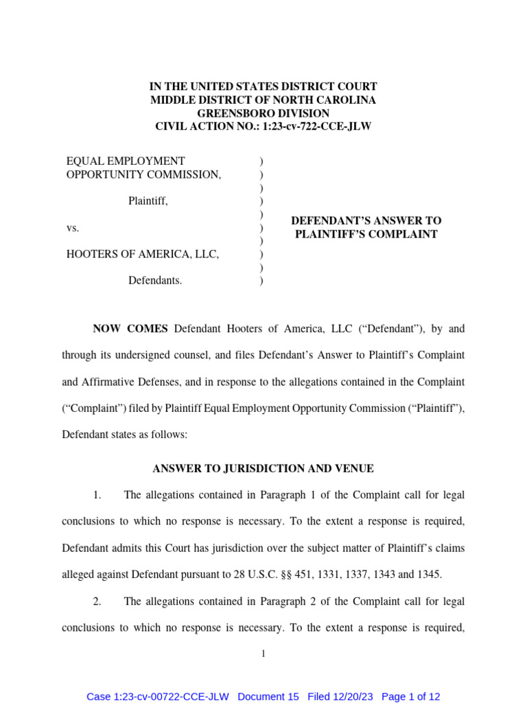 Hooters of America's Answer To EEOC Complaint | PDF | Complaint ...