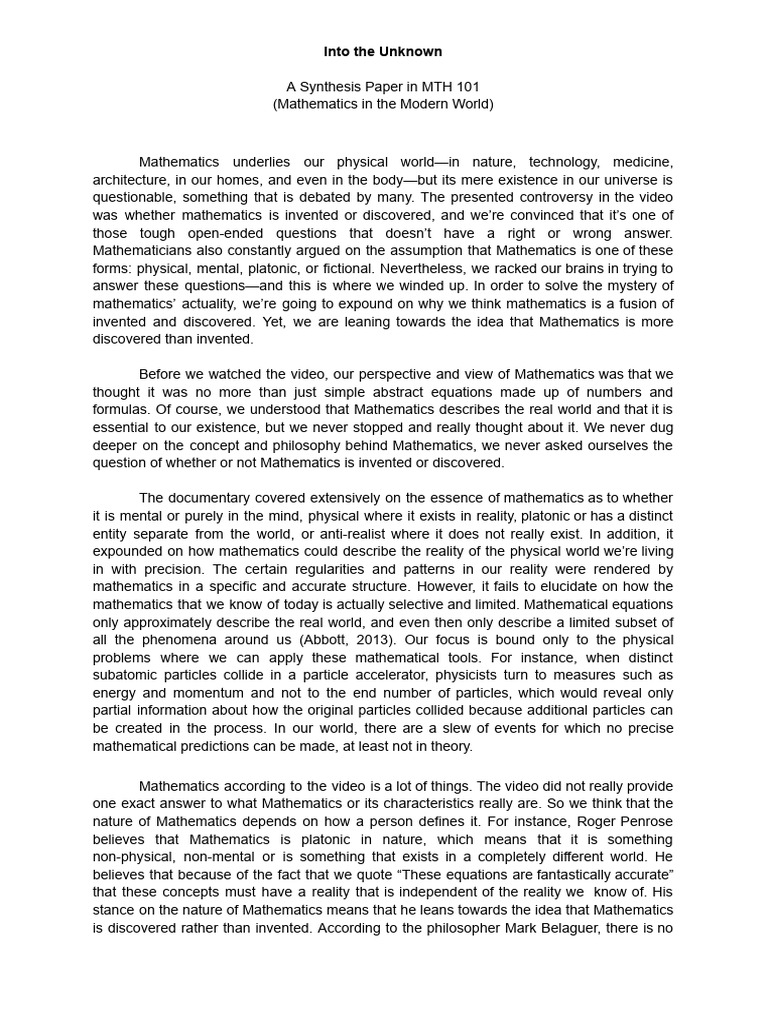 Assignment 1 - Synthesis Paper | PDF | Mathematics | Reality