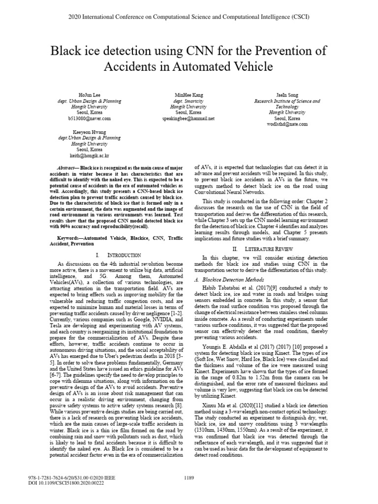 HojunLee - Black Ice Detection Using CNN For The Prevention of Accidents in Automated Vehicle | PDF