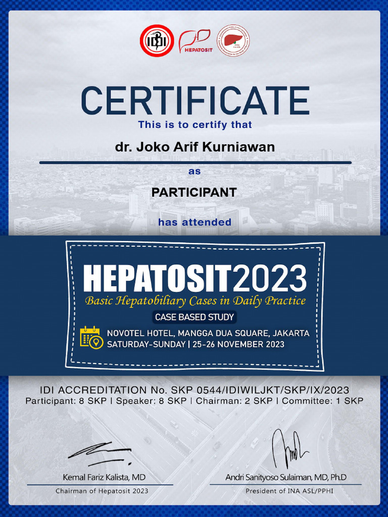 HEPATOSIT 2023 Certificate - PARTICIPANT - Dr. Joko Arif Kurniawan | PDF