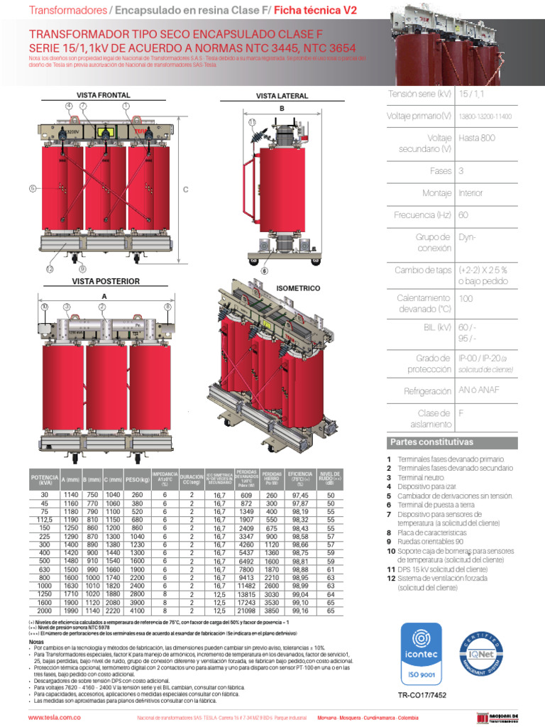 Ficha Técnica Transformador Seco Encapsulado en Resina Serie 15kV | PDF