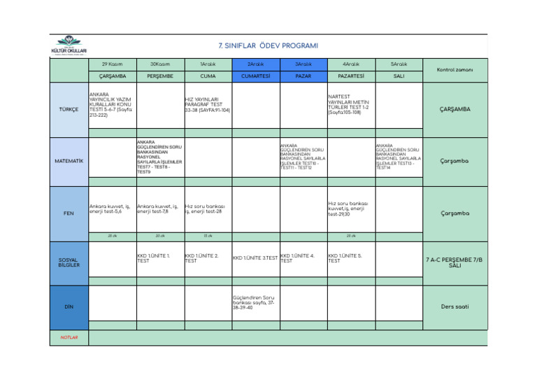 Siniflar Odev Cizelgesi - 7.sinif Odev Programi | PDF
