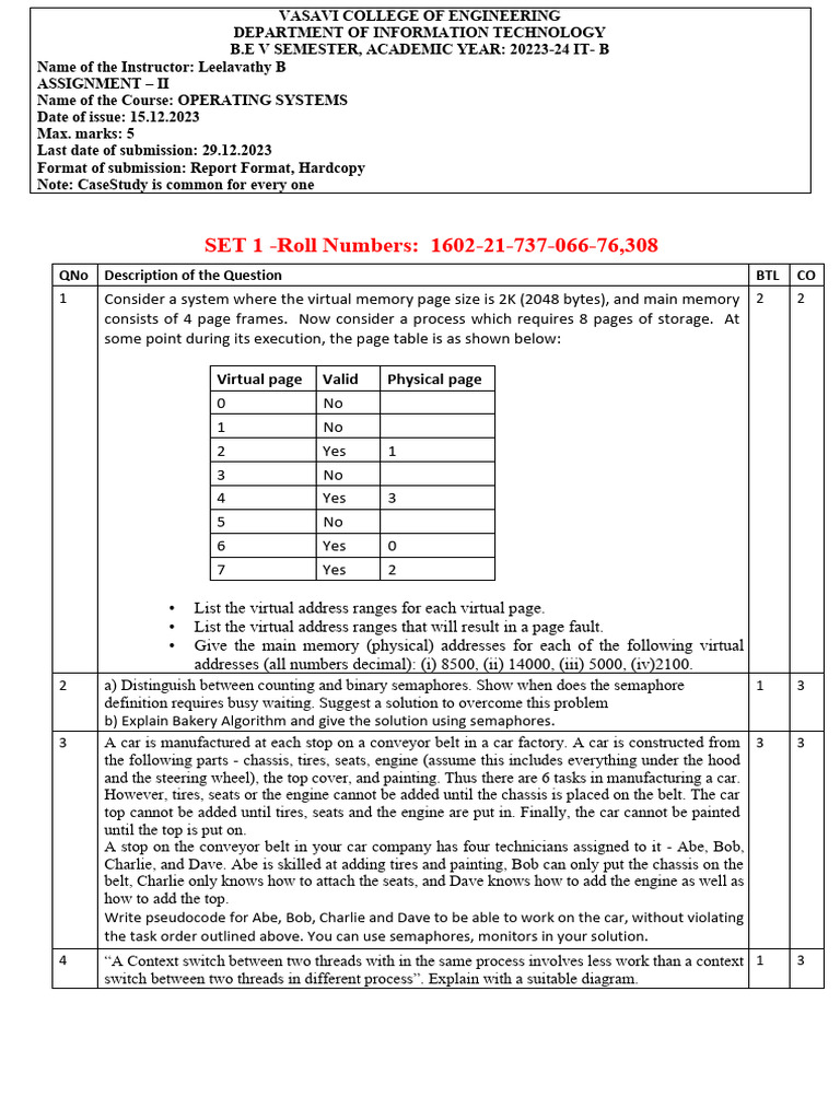 Operating System Assignment Ii2023 24 It B V Semester Pdf Thread Computing Computer 