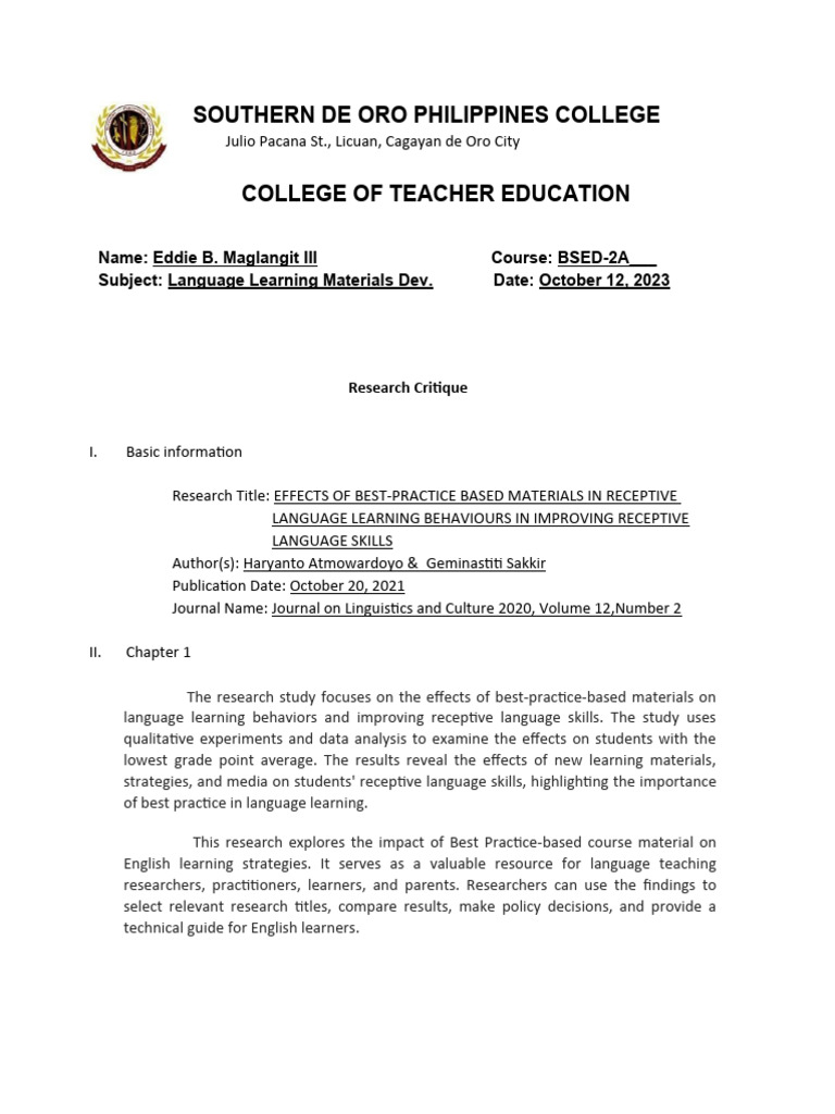 Research Critique Materials Development | PDF