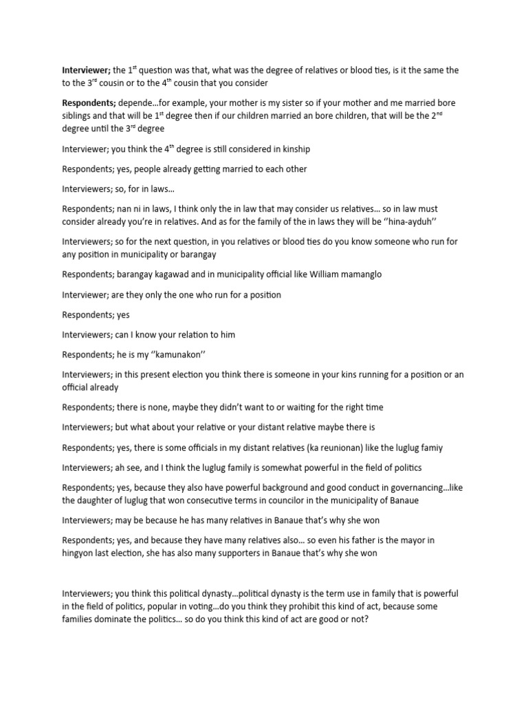 Interviewer The 1 Respondents Depende For Example, Your Mother Is My ...