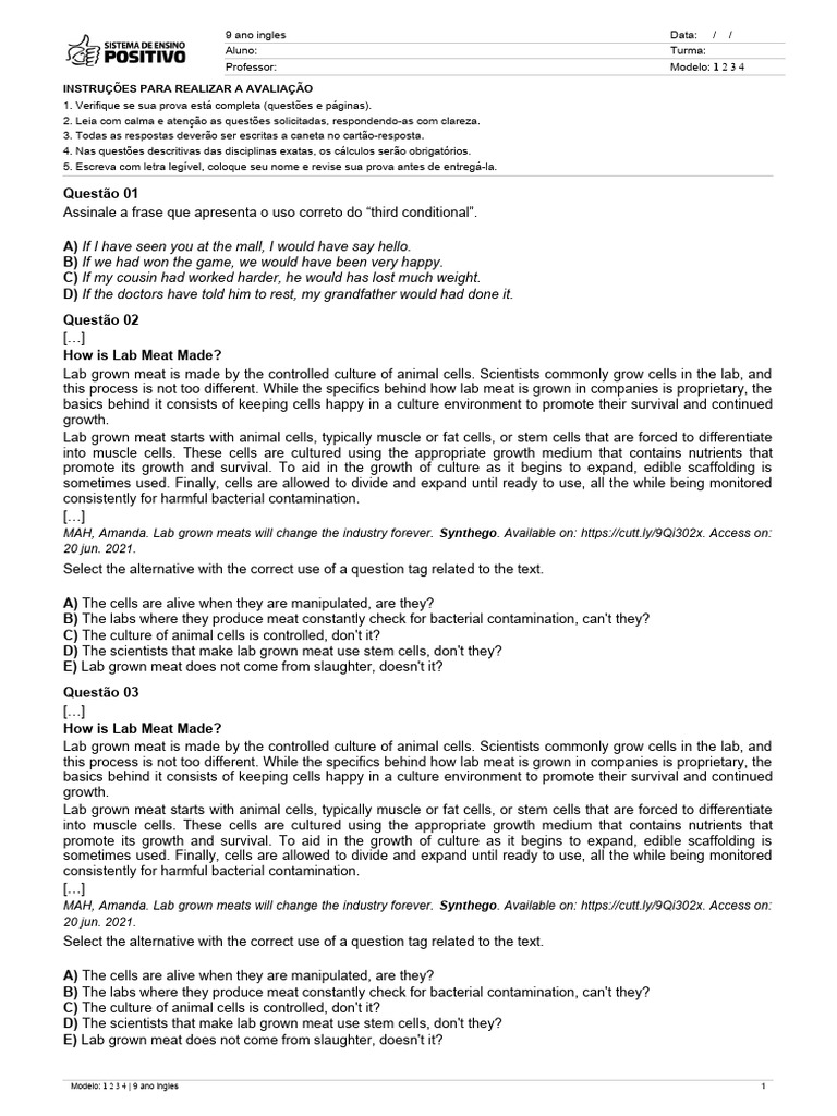 9 Ano Tag Question | PDF | Meat | Bacteria