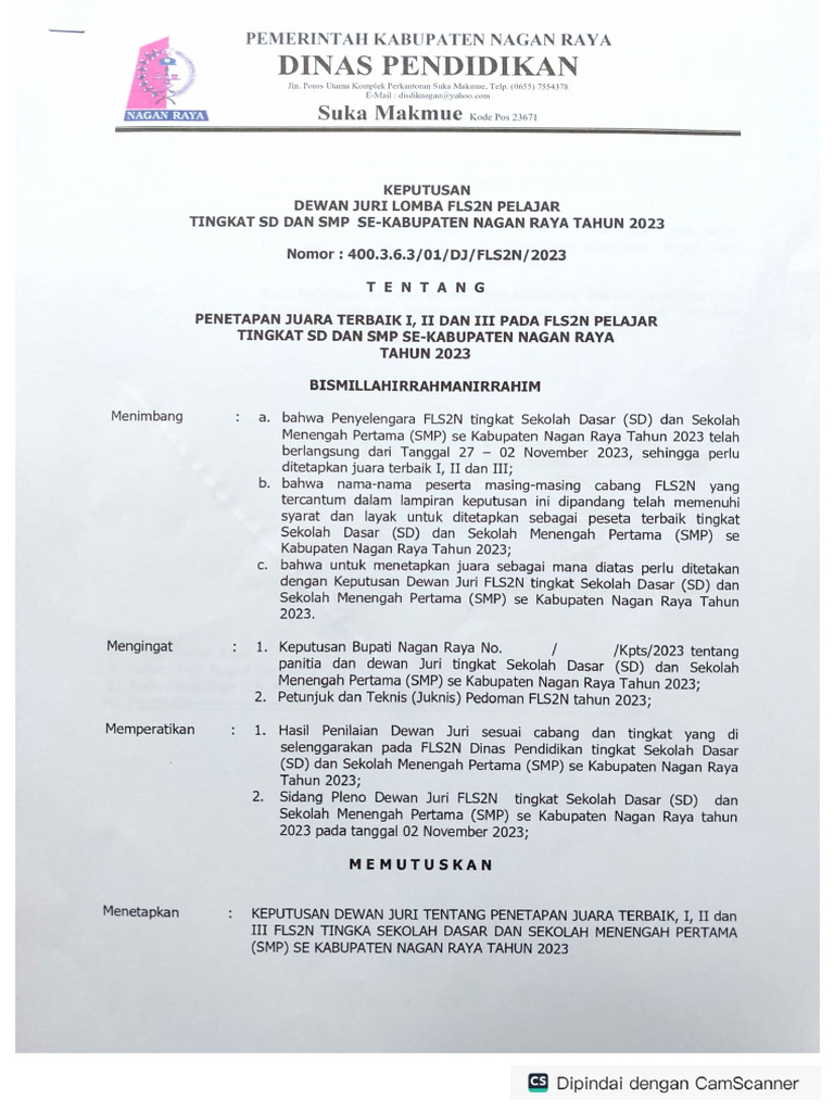 SK Pemenang FLS2N Jenjang SD Dan SMP THN 2023 | PDF