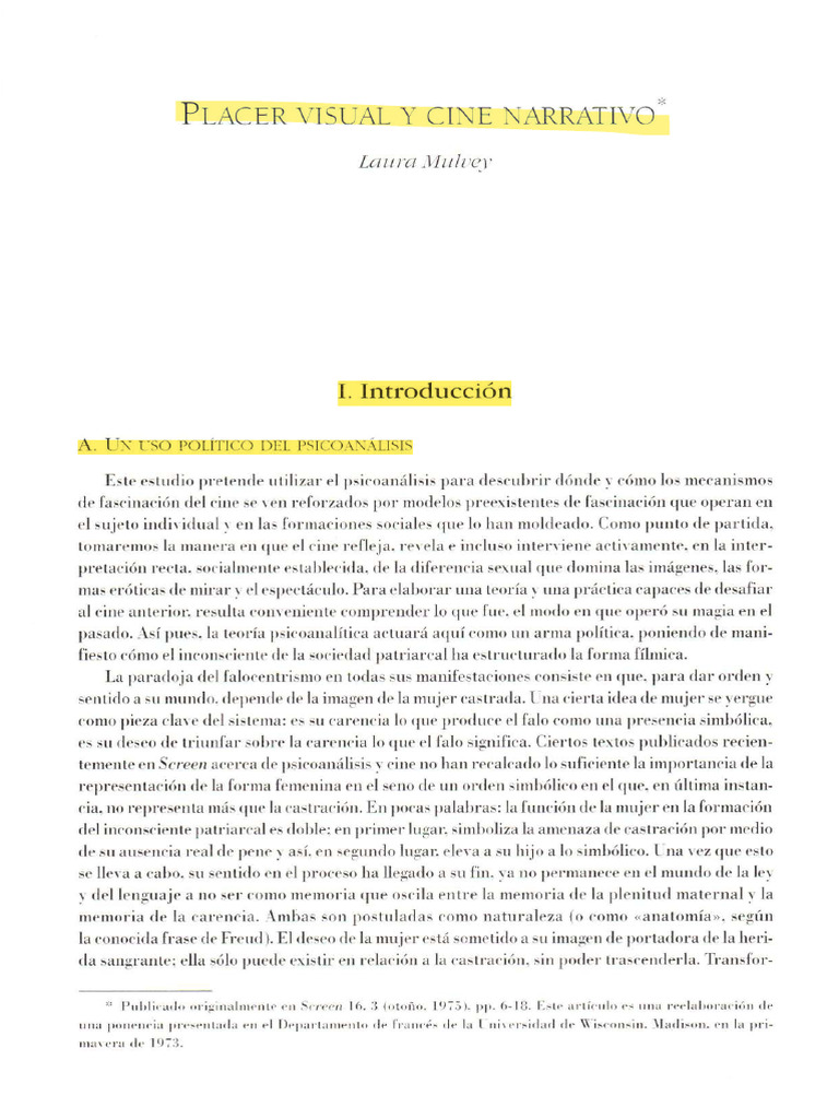 PLACER VISUAL Y CINE NARRATIVO - Laura Mulvey | Descargar gratis PDF | Erotismo | Yo