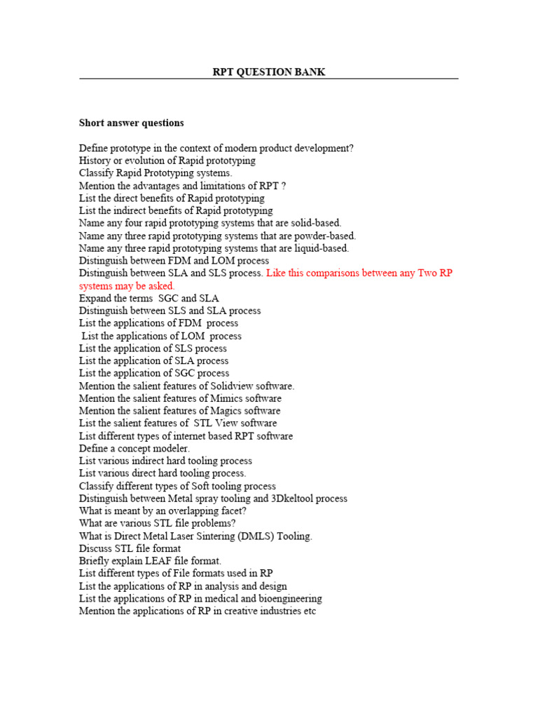 RPT QUESTION BANK | PDF | Physical Sciences | 3 D Printing