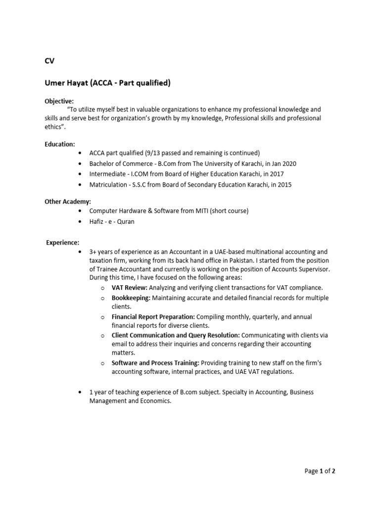 CV - ACCA - Umer Hayat | PDF