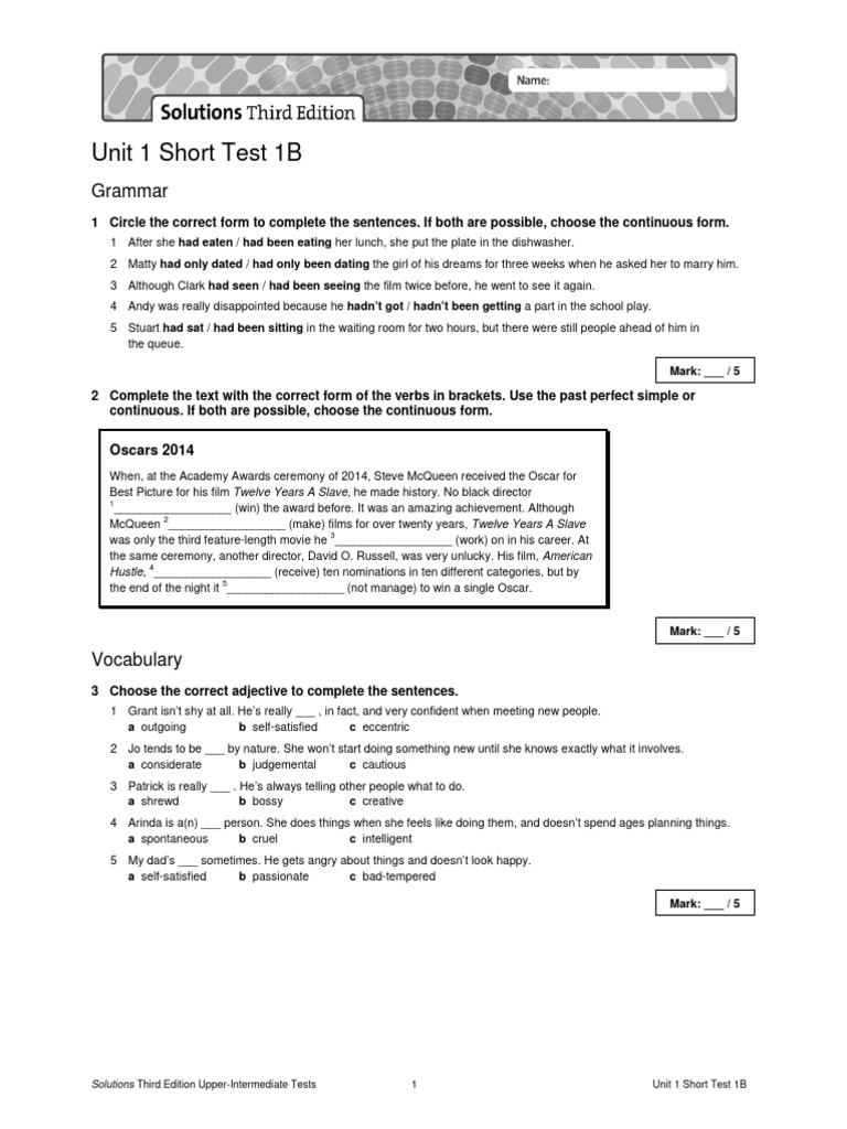 Unit 1 Short Test 1B Solutions | PDF | Academy Awards | Linguistics
