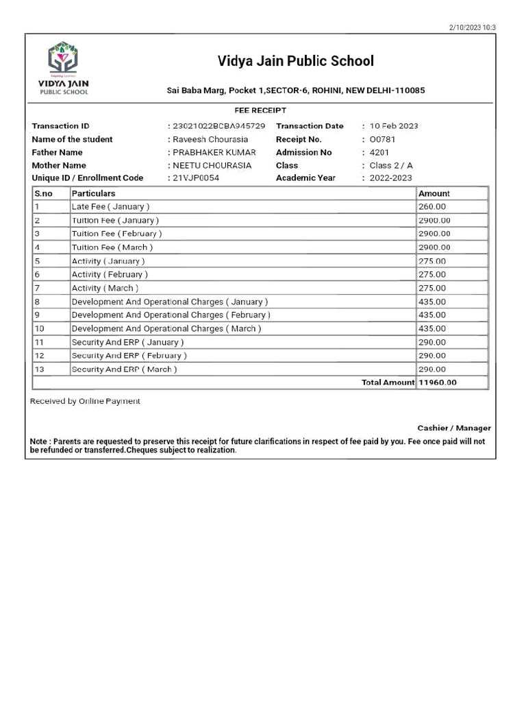 Fee Slip-Satvik | PDF
