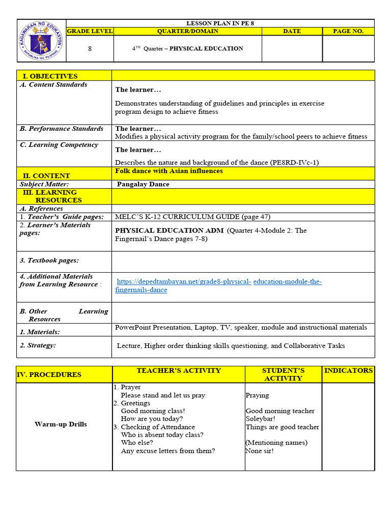 Pangalay Dance Lesson Plan for PE 8 | PDF