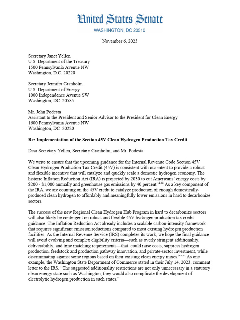 Senate Letter on 45V Hydrogen Tax Credit | PDF