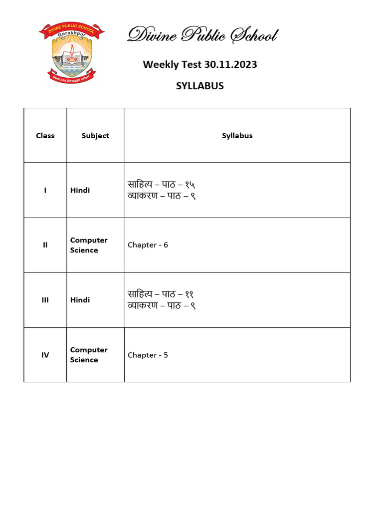 Downloading File:Weekly Test Syllabus (Classses I To VIII) 30-11-2023 | PDF